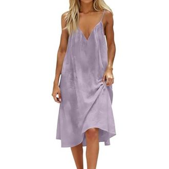 Generic Robe de plage pour femme - Robe d&eacute;t&eacute; mi-longue &agrave; bretelles spaghetti - Col en V - Dos profond - D&eacute;contract&eacute;e - M&eacute;lange de coton doux - Robe d&eacute;t&eacute; fluid