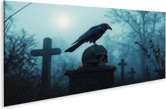 Islandburner Bild auf Leinwand Rabe auf Sch&auml;del im nebligen Friedhof KYYT Bilder Wandbilder Poster