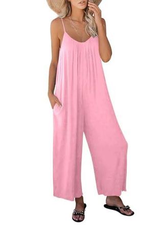 Generic Combinaison d&eacute;contract&eacute;e sans manches avec bretelles spaghetti style boh&egrave;me &agrave; jambes larges - Barboteuse tendance pour la plage et les vacances, rose,