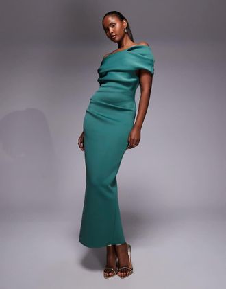 Asos Robe mi-longue avec encolure Bardot fronc&eacute;e - Bleu sarcelle en tissu style n&eacute;opr&egrave;ne