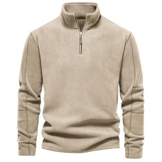 Generic Pull polaire à fermeture éclair quart de temps pour homme - Couleur vintage - Col montant - Automne - Hiver - Décontracté, kaki clair, S