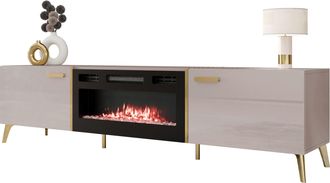 Mirjan24 TV Lowboard Picru 2D EF mit Elektrischem Kamin, 2 Klapptüren, Fernsehschrank, Fernsehtisch, Unterschrank, Realistische LED-Flamme, TV-Bank (Cashmere/C