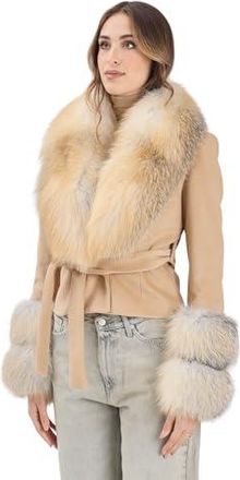 Yes London Manteau beige pour femme avec d&eacute;tails en fourrure v&eacute;ritable 42, beige, 36