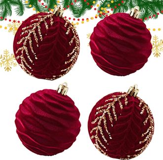 Generico Beflockte Weihnachtskugeln - Set mit 4 bordeauxfarbenen Samtverzierungen | bruchsicherer Weihnachtsanh&auml;nger mit 8 cm Durchmesser, Dekoration f&uuml;r Zuhau