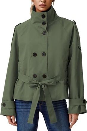 Generic Vestes pour femmes &agrave; double boutonnage avec ceinture nou&eacute;e &agrave; manches longues, veste anorak courte avec poches avant pour la mode dautomne d&eacute;contract&eacute;e