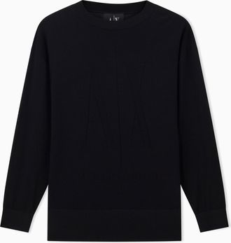 A|X Armani Exchange Womens Long Sleeve Tone on Tone Embroidered Logo Pullover Sweater, Black, S
