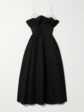 Kika Vargas &Eacute;lisabeth Midikleid Aus Baumwollpopeline Mit Raffungen Und Spitzenbes&auml;tzen - Schwarz