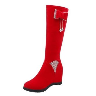 Generic Bottes de neige hautes pour femme avec noeud papillon et talon compens&eacute; dissimul&eacute; - Confortables - Polyvalentes - Avec fermeture &eacute;clair, Rouge, 37.5 E