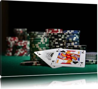 Pixxprint Dark Pokertisch mit Karten in Las Vegas, Gr&ouml;&szlig;e: 60x40cm, Leinwandbild, fertig gespannt, Wandbild, Dekoration, Kunstdruck, kein Poster