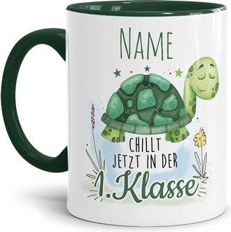 Tassendruck Tasse mit Spruch - In der 1. Klasse chillen - Geschenk zur Einschulung - Schildkröte - mit Wunschnamen Personalisieren - Keramiktasse Innen & Henkel D