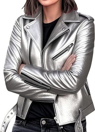 Generic Veste de motard en similicuir pour femme, manteau de moto en similicuir, veste aviateur tendance dautomne, gris argenté, taille 5XL