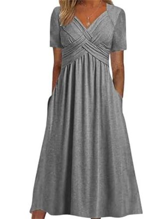 Generic Robe d&eacute;t&eacute; &agrave; manches courtes avec col en V et manches courtes crois&eacute;es sur le devant pour femme - Robe d&eacute;t&eacute; fluide avec poches, gris, 5XL