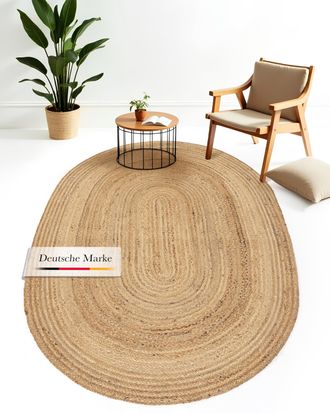 Carpetfine Juteteppich Nele Beige handgewebt aus Jute 70x140 cm | Oval Naturfaserteppich im Boho Style für Wohnzimmer, Küche und im Flur