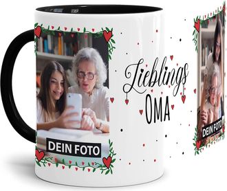 Tassendruck Tasse - Lieblings-Oma - zum selbst Gestalten mit zwei Fotos - personalisierbare Fototasse f&uuml;r Oma aus Keramik, Innen & Henkel Schwarz, 300 ml