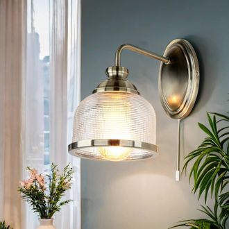 Licht-Erlebnisse Wandleuchte mit Schalter in Messing Antik Klar Glas Metall Jugendstil H: 24,5 cm E27 Wandlampe Küche Badezimmerlampe Wand