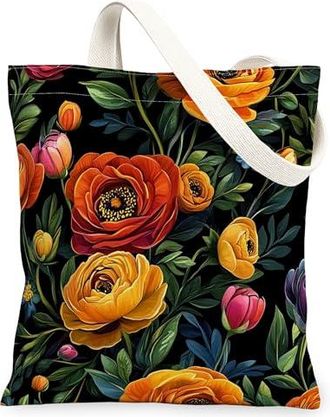 Generic Sac fourre-tout en toile avec fleurs de renoncule printani&egrave;re pour le shopping, 33 x 38 cm, sac d&eacute;picerie r&eacute;utilisable vintage r&eacute;tro pour femme, esth&eacute;