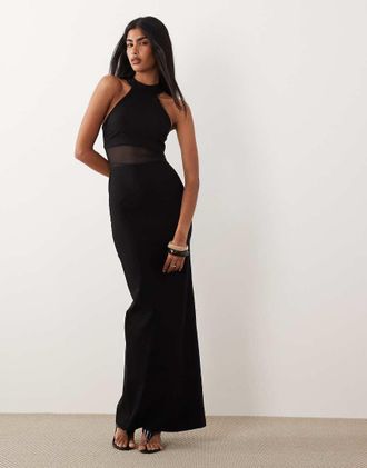 Vesper Robe longue en bengaline &agrave; col montant et empi&egrave;cement en tulle - Noir