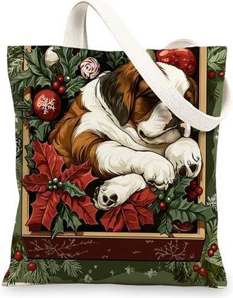 Generic Sac fourre-tout en toile pour le shopping Motif chien Saint-Bernard de No&euml;l 33 x 38,1 cm, sac d&eacute;picerie r&eacute;utilisable pour femme, peinture r&eacute;tro esth&eacute;t