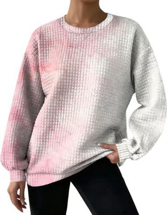 Generic Pull à manches longues pour femme - Col rond - Poches à carreaux - Pull décontracté pour lautomne et lhiver, Sweat-shirt surdimensionné rose pour femm