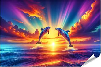 Islandburner XXL Bild Poster Delfine Im Farbigem Sonnenuntergang &Uuml;ber Dem Meer Premium Bilder Fotodruck