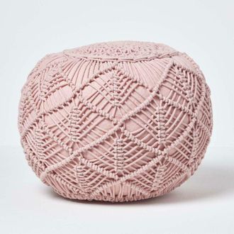 Homescapes Pouf tress&eacute; en macram&eacute; rose, 35 x 40 cm - Homescapes