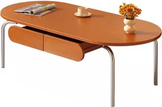 Generic Wohnzimmertische Oval Retro Walnussfarbe Eiche Couchtisch mit Geräuscharmen Doppelschubladen Edelstahlbeine Abgerundete Ecken Stubentisch für Wohnzimm