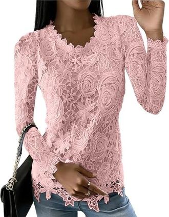 Generic T-shirt en dentelle &agrave; manches longues pour femme - &Eacute;l&eacute;gant - Manches longues - Broderie - Haut en dentelle avec fleurs - Tunique de vacances - D&eacute;contr