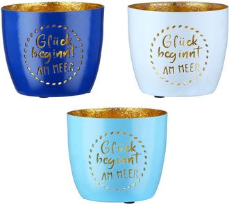 Gilde Set Windlicht, Glück beginnt AM Meer, Metall, blau, hellblau, dunkelblau, 3fach, H. 8 cm, D. 10 cm
