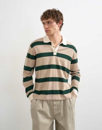 Topman Lang&auml;rmliges Rugby-Polohemd in Steinbeige und Gr&uuml;n mit lockerem, kurzem Schnitt-Neutral