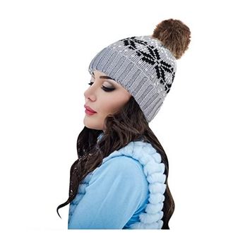 Generic Chapeau de flocon de neige tricot&eacute; chapeau de No&euml;l &agrave; pompons fuzzy chapeau imitation laine chaude casquettes de baseball grande, gris, taille unique