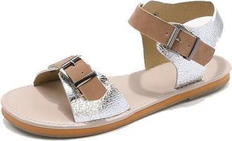 Generic Eestfy Sandales Plat &agrave; Lani&egrave;re de Cheville M&eacute;tallique Femme Bout Ouvert Bout Rond D&eacute;tail &agrave; Boucle Chaussures D&eacute;contract&eacute;es d&Eacute;t&eacute; pour Style Urbain et V