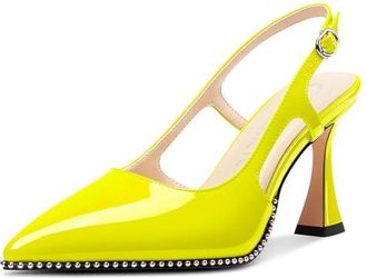Castamere Femmes Slingback Bloc Chunky Haut High Talon Heel Ferm&eacute; Pointu Bout Escarpins Dress Mariage Party Chaussures 9 CM Heels Jaune 36 EU
