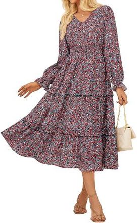 Grace Karin Robe longue &agrave; manches longues et col en V pour femmes, robe d&eacute;contract&eacute;e &agrave; fleurs fluide avec poches, rouge floral, XL