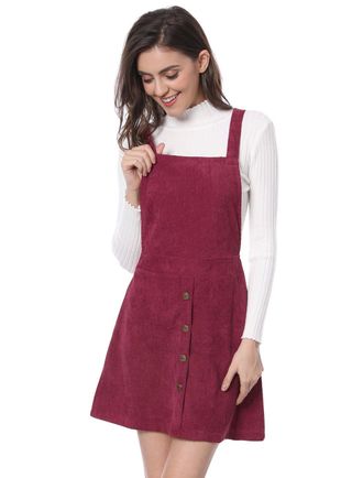 Allegra K Damen Latzkleider A Linie Knopfdekor Rei&szlig;verschluss Hosentr&auml;ger Cord Latzkleid Kleid Burgundy L