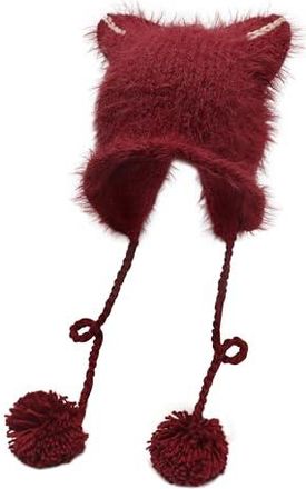 ZLYC Crochet Hat Knit Cat Ear Slouchy Beanie Bonnet, Pompon Bordeaux, Taille Unique Femme