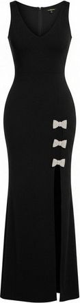 Goddiva Maxikleid Diamante Brooch Thigh Split Mermaid Maxi Dress Lange Kleid, mit Schlitz, V-Ausschnitt