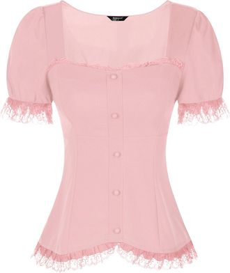 Allegra K Viktorianisches Hemd f&uuml;r Damen, Herzausschnitt, kurze Puff&auml;rmel, Schn&uuml;rung, Gothic-Bluse, Grau/Pink, XL