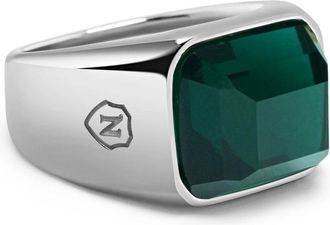 Nialaya Homme, Accessoires, Gris, Taille: 58 MM Green Zircon Signet Ring in Silver