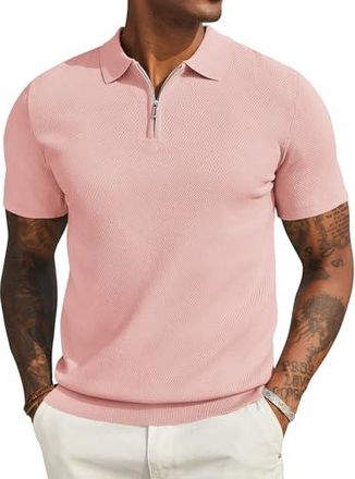 Coofandy Homme Tricoter Polo T Shirt &Eacute;t&eacute; Fermeture &Eacute;clair Polo Homme Manches Courtes Extensible en Tricot Golf T Shirts Rose S
