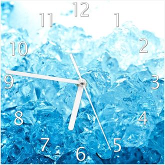Wallario Design-Wanduhr Leuchtendes EIS in blau aus Glas, Motiv-Uhr Gr&ouml;&szlig;e 20 x 20 cm, wei&szlig;e Zeiger