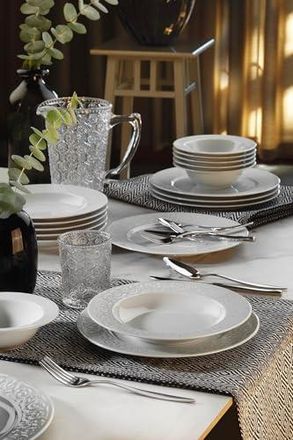 Hermia Elegant 18-Piece Dinner Set, 100% Porcelain | Includes 6 Service Plates (27 cm), 6 Deep Plates (21 cm), 6 Bowls (16 cm) | Dishwasher & Microwave Safe