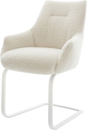 DELIFE Schwingstuhl Alja-Flex mit Armlehnen Freischwinger flach Wei&szlig; Teddystoff Beige Taschenfederkern