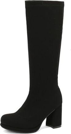 Generic Bottes dhiver en tricot &agrave; talon bloc et bout rond pour femme - Confortables et polyvalentes, Noir, 38.5 EU