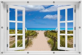 Wallario Outdoor-Poster für Garten oder Balkon Sandweg zum blauen Meer mit blauem Himmel, Motivbanner Größe: ca. 100 x 150 cm mit Fenster-Illusion