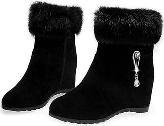 Generic Bottines dhiver chaudes cach&eacute;es pour femme - En daim synth&eacute;tique - &Eacute;l&eacute;gantes - &Agrave; talon compens&eacute; - Avec strass - Doublure &eacute;paisse - Fermeture &eacute;clair la