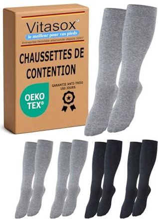 Vitasox 44451-58 Chaussettes de contention, chaussettes de voyage en coton, unisexe chaussettes de compression 4 paires grises/anthracites 39/42