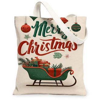 Generic Sacs fourre-tout en toile de tra&icirc;neau de No&euml;l, sacs d&eacute;picerie r&eacute;utilisables, vintage l&eacute;gers et lavables avec bandouli&egrave;re en toile pour Tr, vert, 13x15