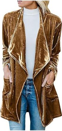 Generic Cardigan long pour femme - T-shirt surdimensionné à manches longues en velours - Cardigan ouvert sur le devant avec poches, Cardigans jaunes pour femm