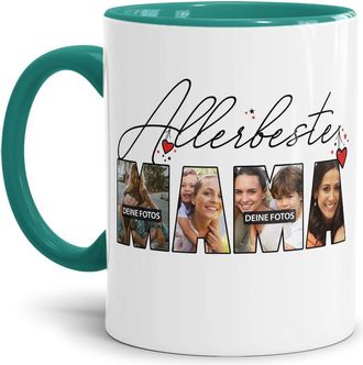 Tassendruck Fototasse mit Spruch - Allerbeste Mama - zum Selbst gestalten mit Foto-Collage für 4 Fotos, Innen & Henkel Türkis, 300 ml