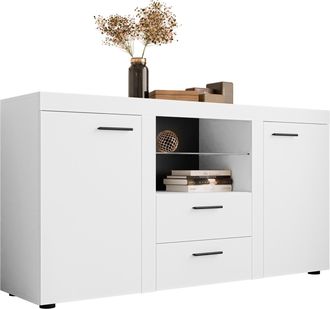 Mirjan24 Kommode Rango mit Glasboden, Highboard Sideboard, Anrichte, Naturtöne, Mehrzweckschrank, Wohnzimmerschrank, Anrichte, Schrank (ohne Beleuchtung, Weiß)